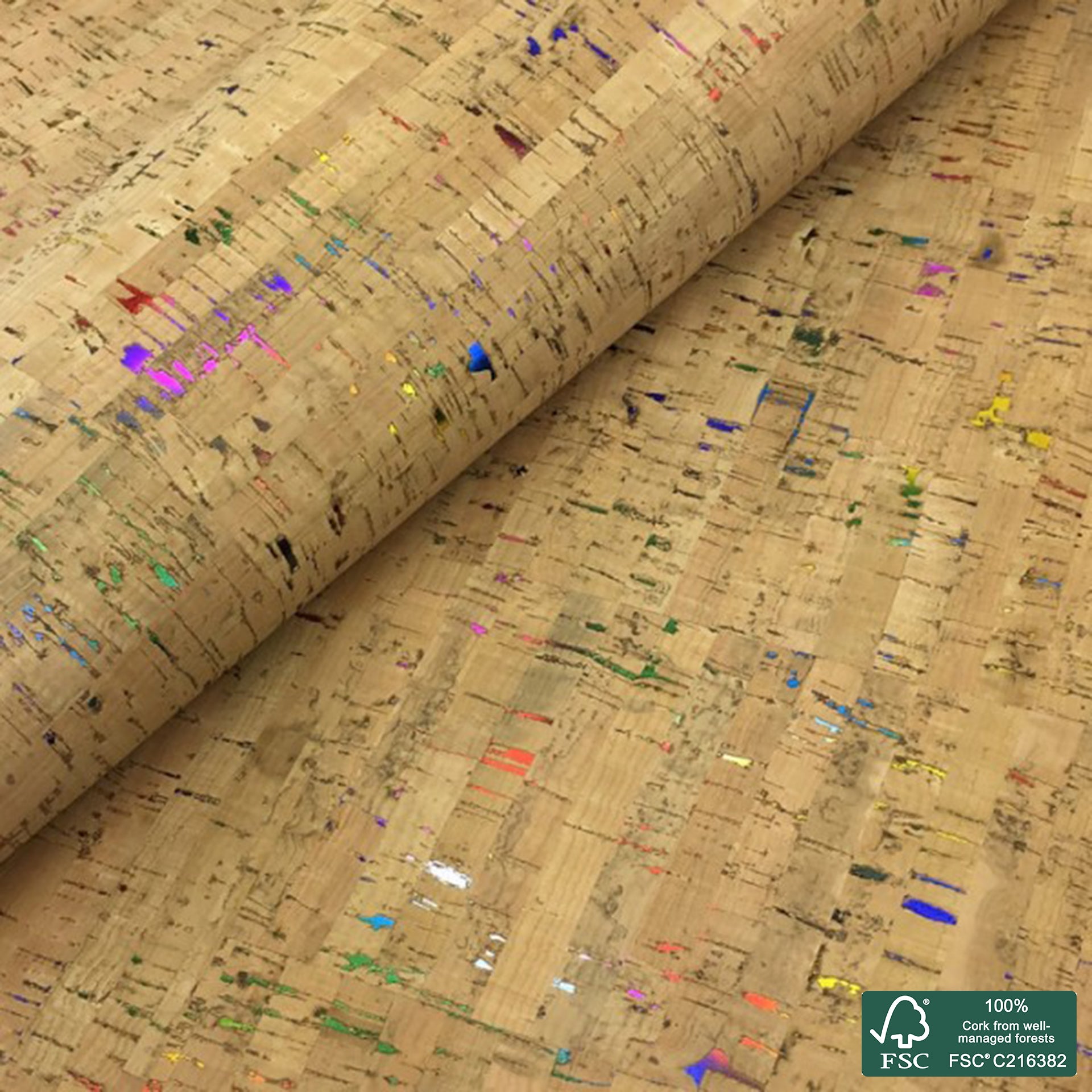 Natural rustic with rainbow flecks cork fabric